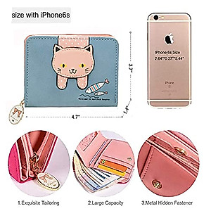 Girls Women Faux Leather Small Wallet Cute Cat Pattern Clutch Purse Coin Holder Card Organizer,Bifold (Blue)