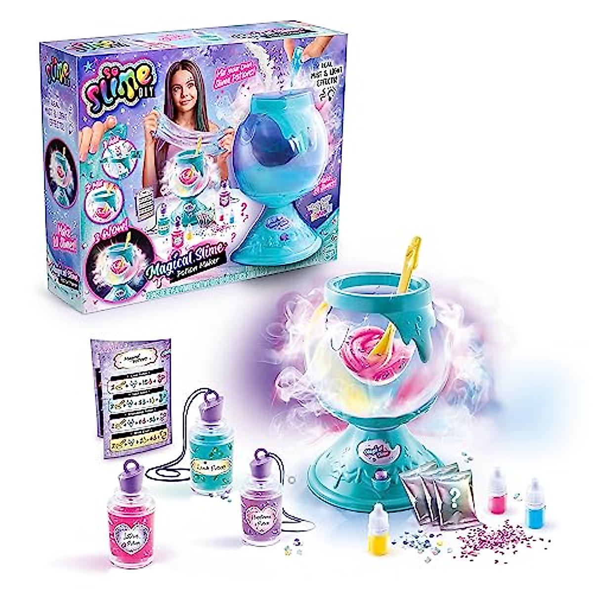 So Slime DIY Magical Slime Potion Maker Cauldron; Make your own Slime Potions; Mist and Light Effects; Makes 10 Slimes; Just add Water; Fill Mini Potion Bottles to Wear or Share; Discover your Fortune
