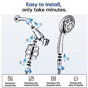 G-Promise Luxury Filtered Handheld Shower Head, 6 Spray Settings Shower Set with Effective Filter of 2 Cartridges, Adjustable Metal Bracket, Extra Long Stretchable Hose, Chrome (Chrome with Filter)