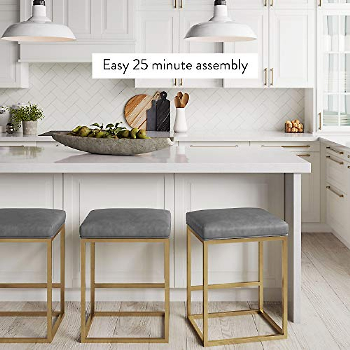 Nathan James Nelson Backless Pub-Height Kitchen Counter Bar Stool with Faux Leather Cushion and Metal Base, 24", Gray/Gold