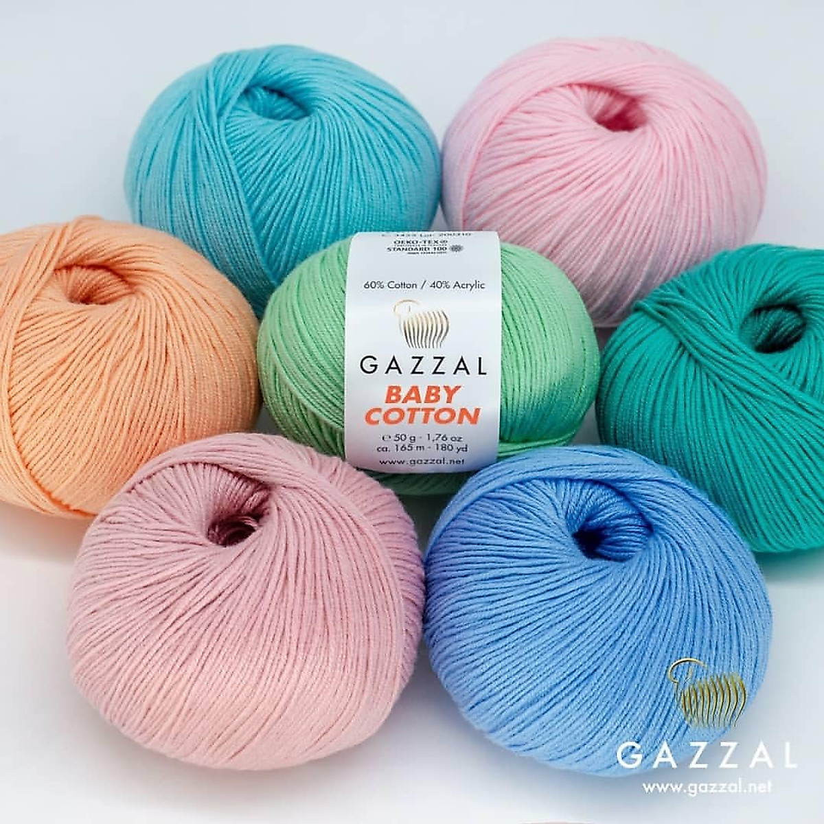 3 Pack (Skein) Gazzal Baby Cotton, 60% Cotton 40% Acrylic, Each Ball 1.76 Oz (50g) / 180 Yards (165m), DK- Worsted, Knitting Yarn, Amigurumi Yarn, Baby Yarn, 3432