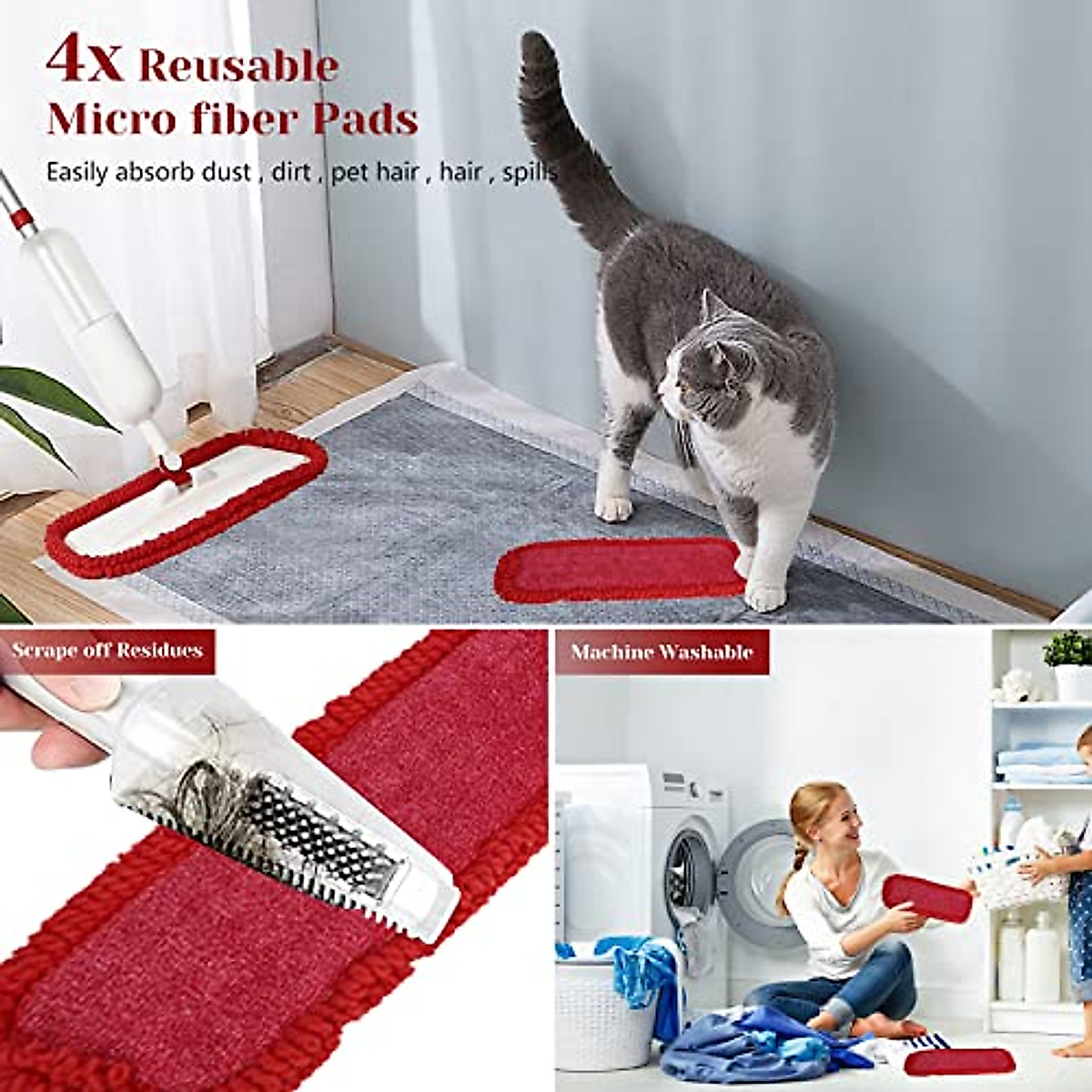 Nofaner Spray Mop, Mops for Floor Cleaning Kitchen Dry Wet Flat Mop with 22 Oz Refillable Bottle 4 Washable Pads 1 Slicker Scraper for Wood Laminate Vinyl Ceramic Hardwood Tiles