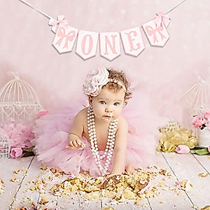 Pink and White Highchair Banner - Bow One Banner, Pink White Party Decor- Girl First Birthday Decor Cake Smash Prop (BOW PINK ONE)