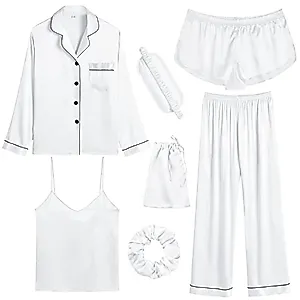 SWOMOG Women's 7 Pcs Silk Satin Pajamas Set Long Sleeve Button Down Sleepwear Cami Shorts Pjs Set with Eye Mask (as1, alpha, x_l, regular, regular, White)