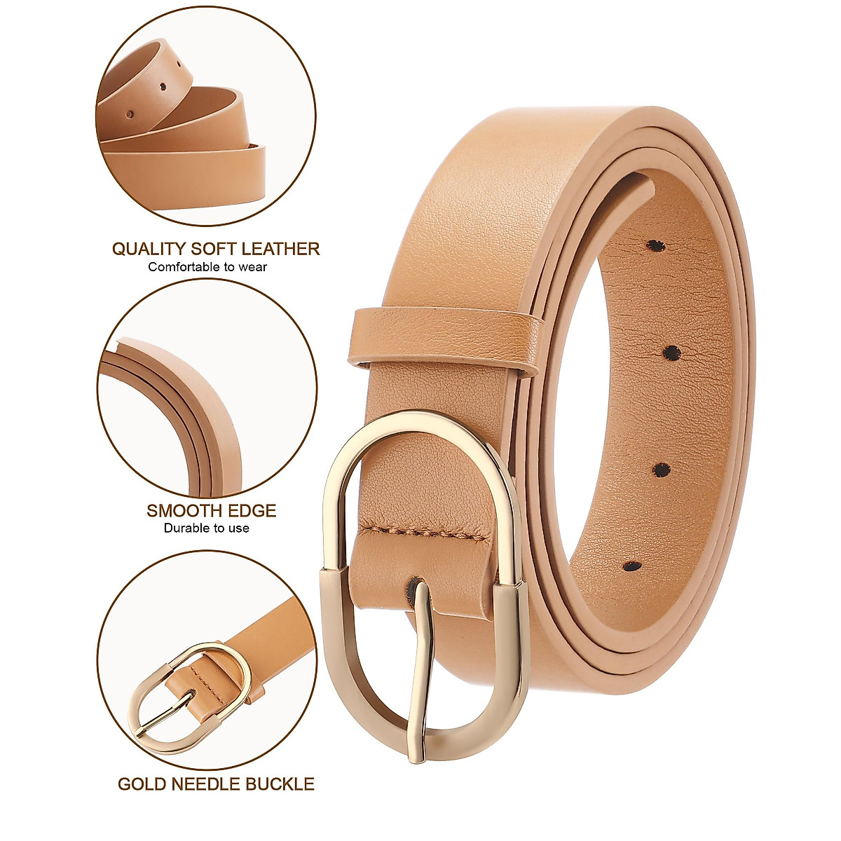 Breathffy 5 Pcs Women's Leather Belts for Jeans Dresses Pants Ladies Belt Bulk with Gold Buckle (White, Black, Camel, Khaki, Apricot,M: Fit Waist Size 31-36 Inches)