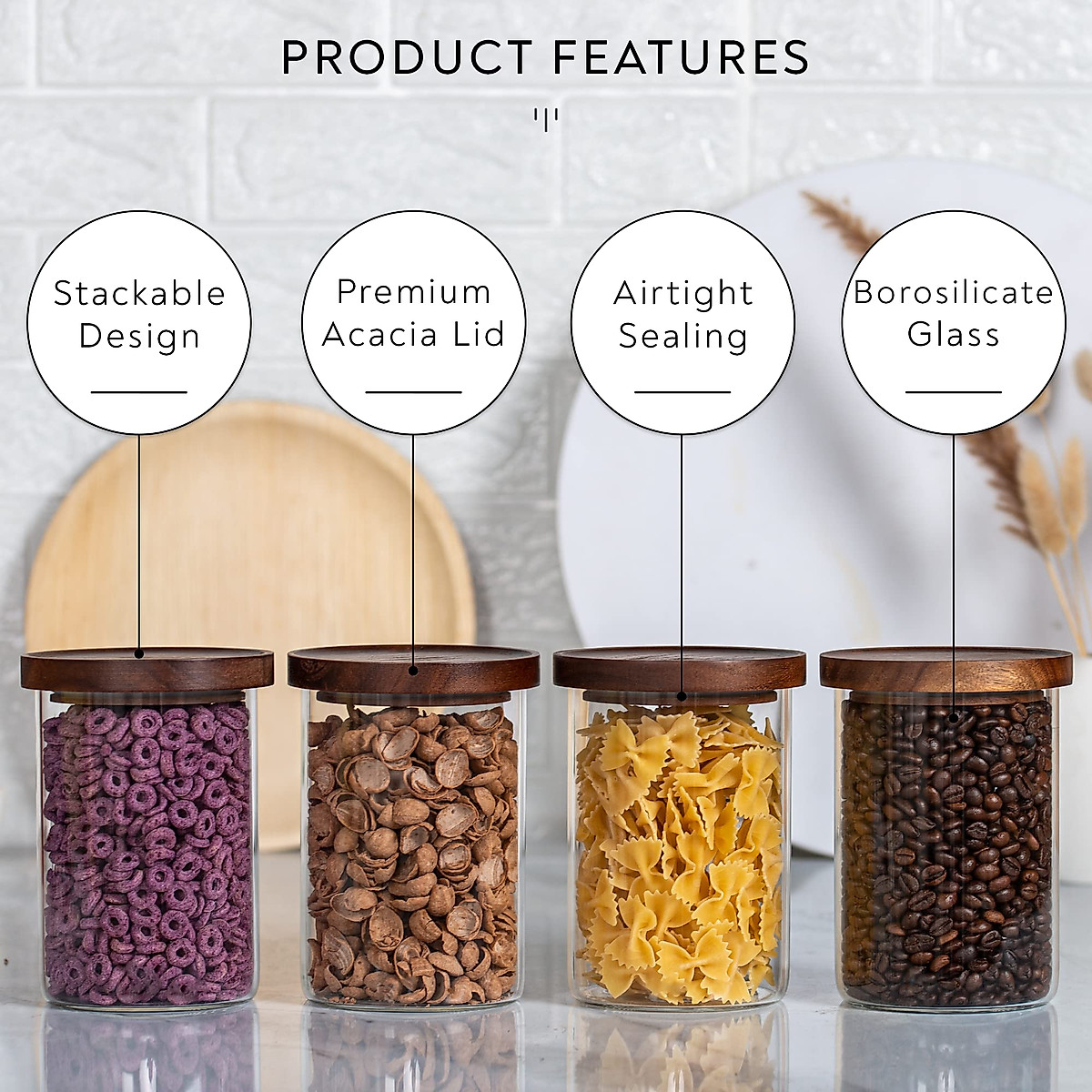 Laramaid 35oz 4Pack Glass Jars Set, Round Pantry Jars with Brown Acacia Lids, Black Labels and White Pen, Minimalist Food Storage Containers for Home, Kitchen and Pantry