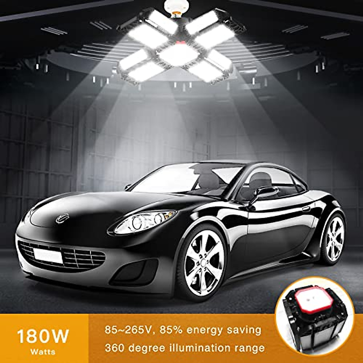 Led Garage Light 180W, 18000LM LED Garage Ceiling Lighting with E26/E27 Ceiling Shop Work Lamp, 6500K Deformable LED Shop Light with 12+1 Adjustable Panels Lights for Garage, Workshop, Attic, Basement