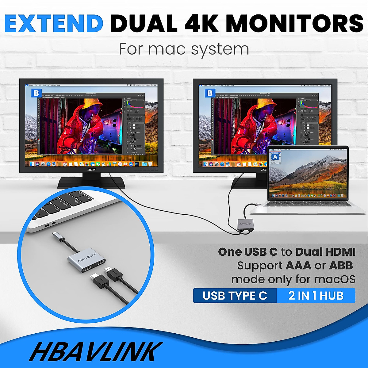 HBAVLINK USB C to Dual HDMI Adapter for Dual Monitor, w/2pack HDMI Cable, Supports Dual 4K@30Hz, Compact Aluminum Alloy Housing