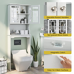 Tangkula Over The Toilet Storage Cabinet, Freestanding Over Toilet Storage Rack w/ 2 Tempered Glass Doors, Open Shelf, 3-Position Adjustable Shelf, Space-Saving Bathroom Organizer (White)