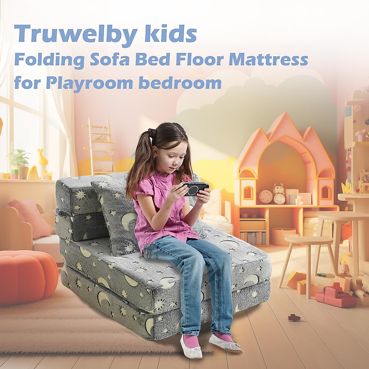 Truwelby 2-Piece Kids Sofa Couch, Modular Toddler Couch Glow in The Dark Sofa for Playroom Bedroom, Play Couch for Girls Boys, Kids Convertible Sofa Sectional Foam Playset Couch Set