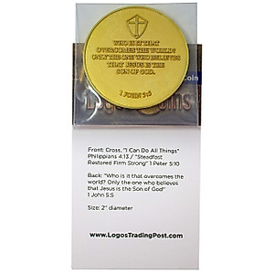 Collectible Christian Coin, for Men and Boys “I Can Do All Things” Philippians 4:13, Overcomers, Steadfast, Restored, Firm, Strong Sentiment. 2" Gold Plated Challenge Coin. Overcoming The World