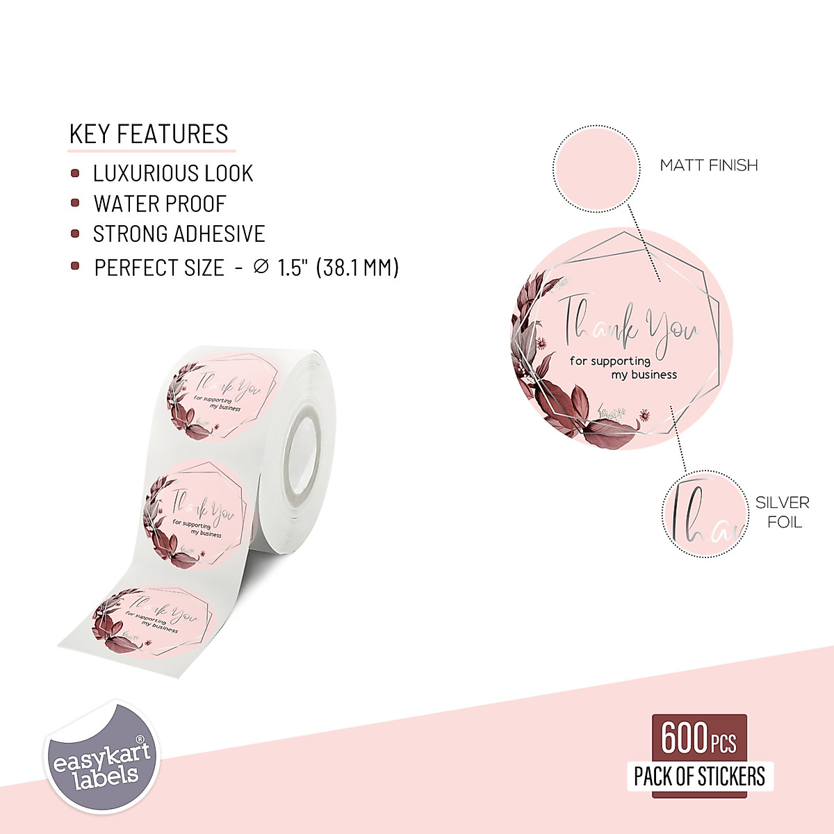 easykart labels 600 Business Thank You Stickers in roll | Baby Pink Flower Bunch Design with Silver Foil | Highly Recommended for Small Business Owners