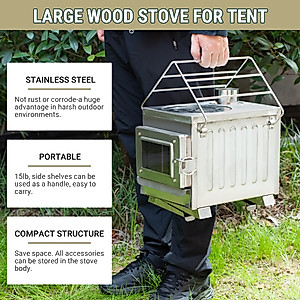 Fltom Camping Wood Stove, Portable Hot Tent Stove with Sectional Chimney Pipes, 304 Stainless Steel Wood Burning Stove for Tent Shelter and Cooking Heating