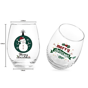 Set of 2 Merry Christmas Wine Glass, 15 Oz Christmas Snowman Stemless Wine Glass for Friends Dad Mom Women Men Christmas Wedding Party Winter Holiday Birthday Party