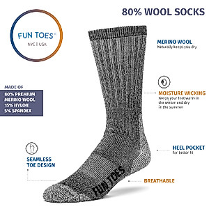 FUN TOES Boot Socks for Men, 3 Pairs Durable Thermal Insulated 80% Merino Wool Warm Hiking for Winter, Indoor or Outdoor (1 Black/1 Brown/1 Green)