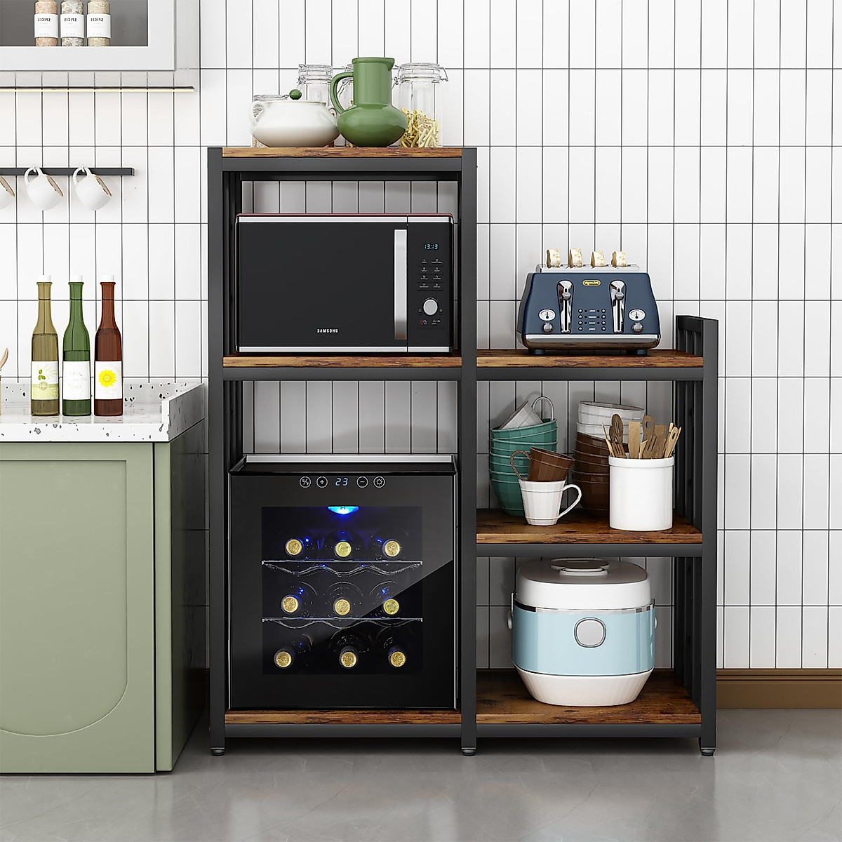 YCHF 6-Tier Kitchen Bakers Rack, Utility Storage Shelf, Mini Fridge & Microwave Oven Stand Table, Coffee Bar, Adjustable Kitchen Shelves Freestadning for Kitchen Home Office