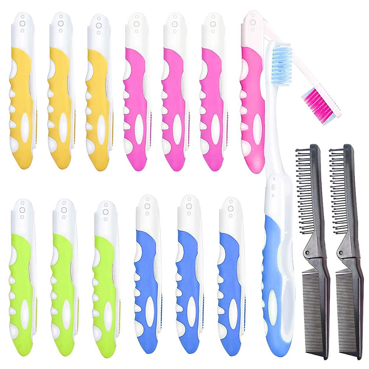 12 PCS Folding Travel Toothbrush Foldable Portable Soft Bristle Toothbrush Travel Toiletries Toothbrush Soft Manual Toothbrush for Sensitive Gums with 2 PCS Travel Folding Hair Brush Comb