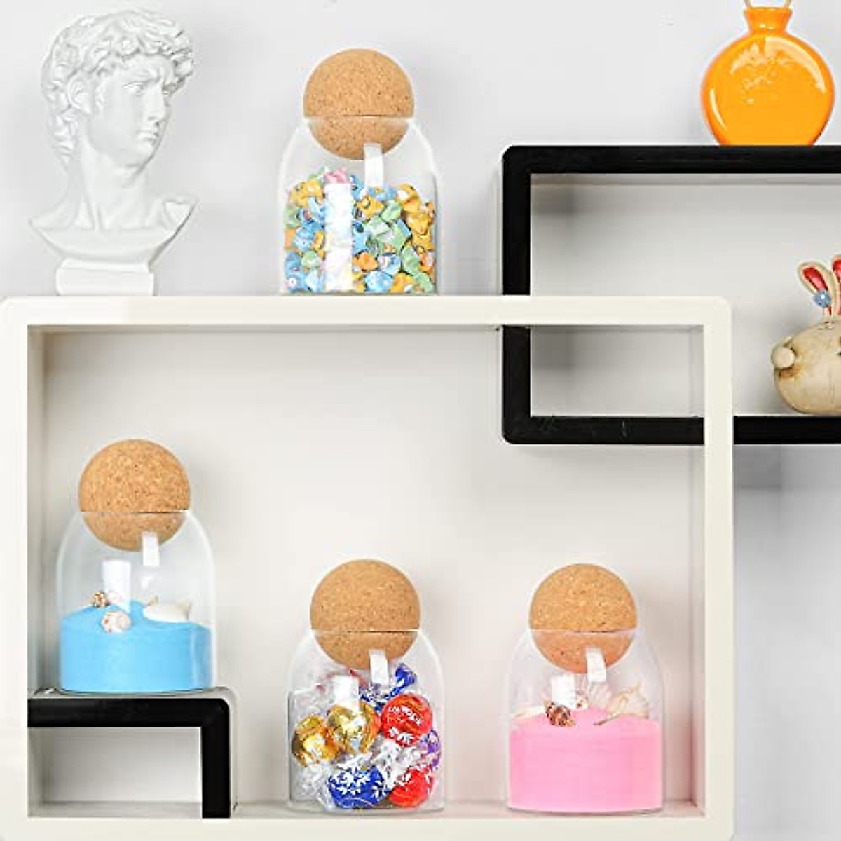 ComSaf 480ml/16Oz Glass Storage Container with Ball Cork, 3Pcs Glass Jar with Cork Lid, Round Cork Glass Bottle, Small Candy Jar with Wood Ball Lid for Food, Coffee, Sugar, Spice, Tea, DIY Decoration