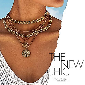 MJartoria Gold Layered Necklaces for Women Trendy Retro Coin Pendant Necklace Dainty Chunky Chain Choker Necklaces for Jewelry Birthday Gifts (Gold, A-Retro Coin-5 in 1 Layered)