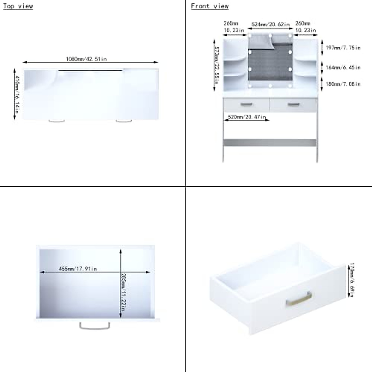 CIATRE White Elegant Vanity Set with 10 LED Light Bulbs, Cushioned Stool, and Ample Storage - Perfect for Makeup and Organization