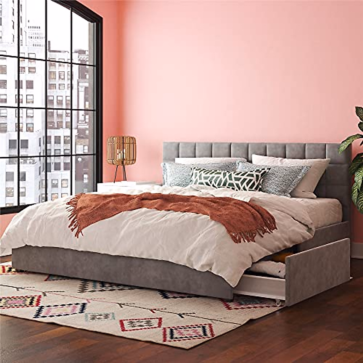 CosmoLiving by Cosmopolitan Serena Upholstered Bed with Drawers, Bedroom Storage, King, Light Gray Velvet