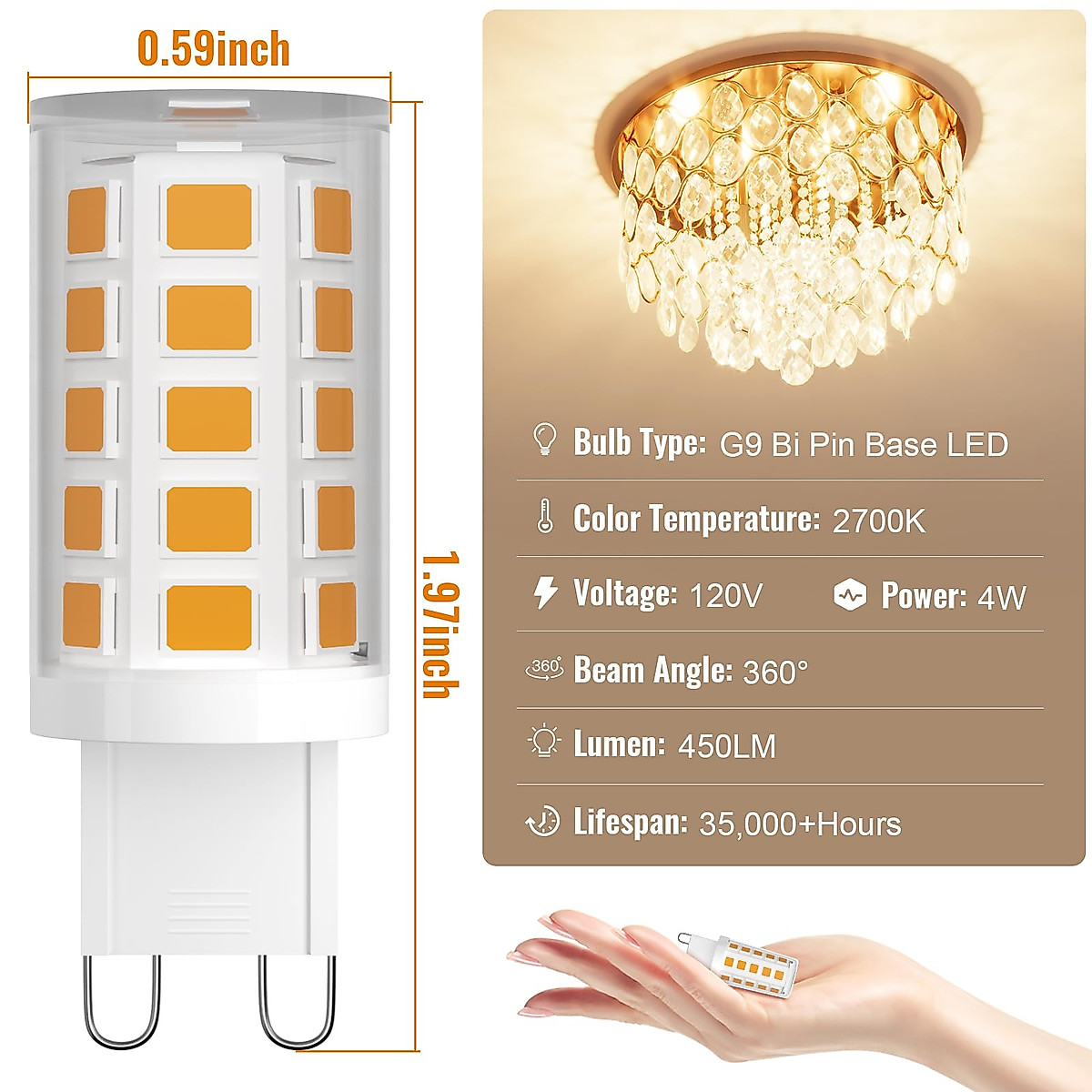 Luckystyle G9 LED Bulb,4W Led G9 Light Bulbs for Chandelier Lighting,Soft Warm White 2700k Bulb 120V 450LM,No-Flicker 360° Beam Angle,Ceramic Bi Pin Base,Led G9 Bulbs for Home Lighting Bathroom 6 Pack
