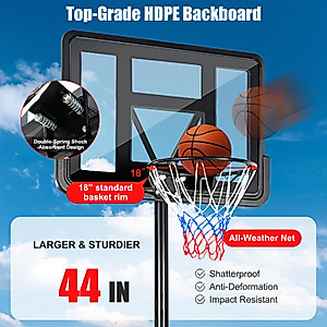 GYMAX Basketball Hoop Outdoor, 4.25 Ft to 10Ft Adjustable Basketball Goal with 44’’ Backboard & 18’’ Basket, All Weather Portable Basketball Stand w/Wheels, for Kids Youth Adult, Indoor Gym, Driveway