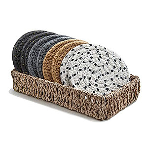 Boho Drink Coasters with Seagrass Basket Holder for Storage | Set of 8 Handmade Braided Cotton 4.3 Inch Extra Absorbent Coasters in Boho Decor Neutral Colors | 100% Natural Eco Friendly Coaster Set