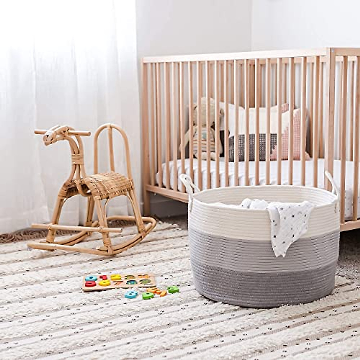 OrganiHaus Gray Extra Large Storage Basket for Blankets 20x13| Decorative Cute Laundry Hamper Basket for Clothes | Cotton Rope Basket for Blankets | Farmhouse Nursery Laundry Basket & Towel Hamper