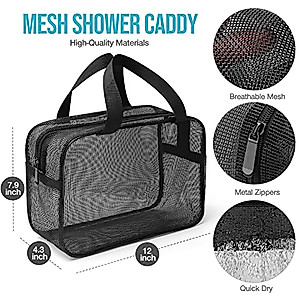 Gocvo Mesh Shower Caddy Mash Shower Bag Black Portable Mesh Accessories Organizer Tote for Gym College Dorm Room (Black-Large)