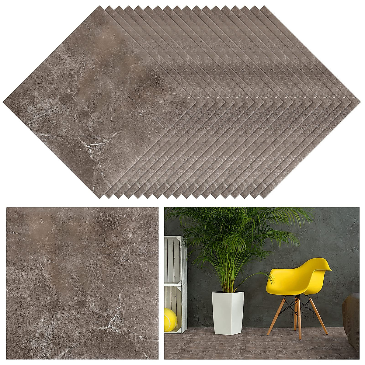 Spiareal 100 Pcs Self-Adhesive Peel and Stick 12 x 12 Inch Waterproof Vinyl Floor Tiles for Kitchen, Bedroom, Basement, Bathroom (Stylish Style) Gray