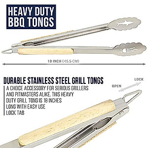 Shark BBQ Grill Tongs, Heavy Duty Barbecue Tong w Acacia Wood Grips, 18 Inch Long, Extra Sturdy Stainless Steel Meat Turner, Everyday Grilling Tools and Accessories for Top Grillers and Pitmasters