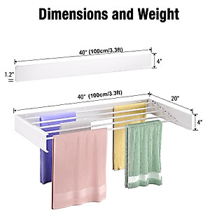 Wall Mounted Drying Rack 40",Laundry Drying Rack Collapsible, Retractable Clothes Drying Rack, 5 Aluminum Rods, 60 lb Capacity, with Wall Template, Screw, Drill Bit (White 40" Large)