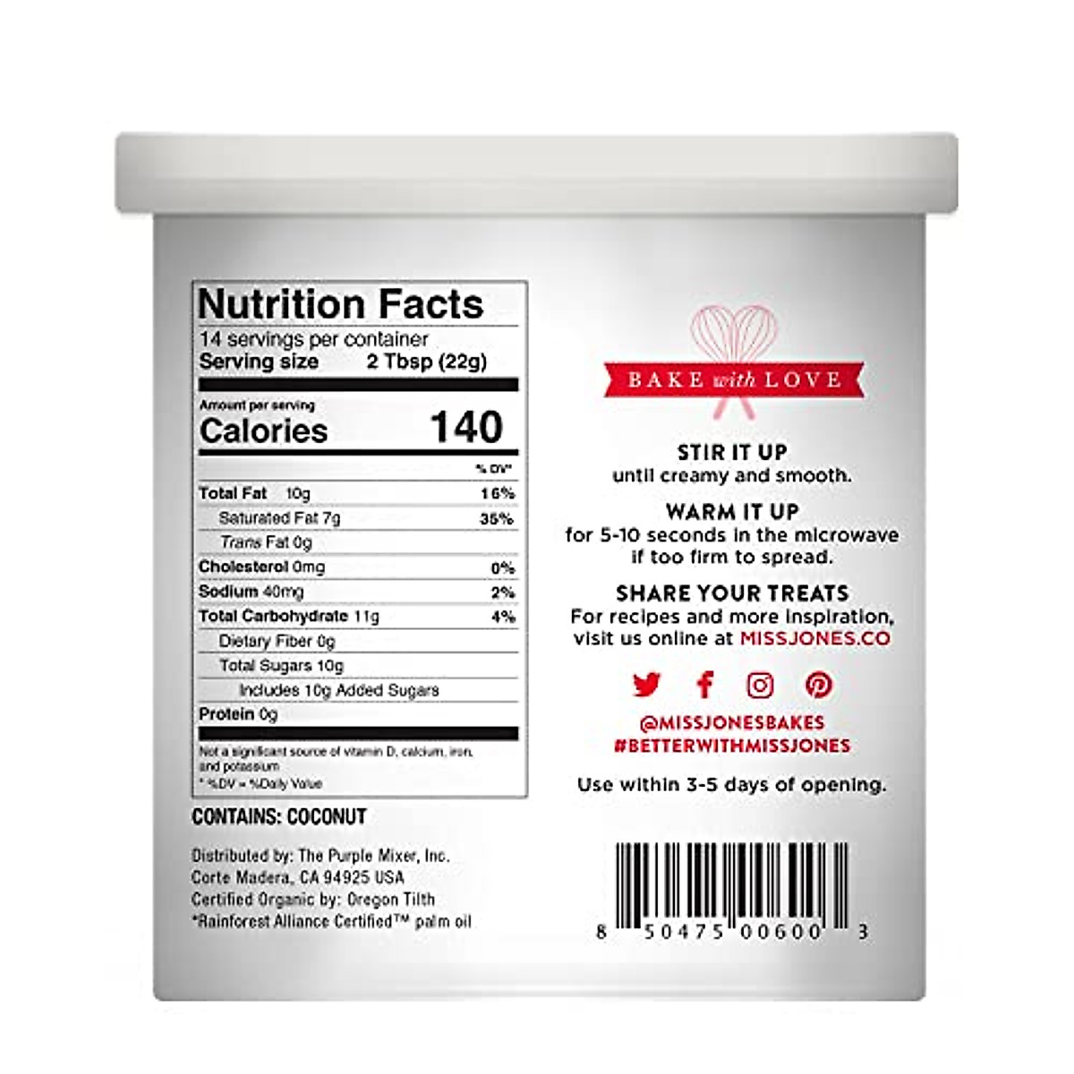 Miss Jones Baking Organic Buttercream Frosting, Perfect for Icing and Decorating, Vegan-Friendly: Vanilla (Pack of 1)