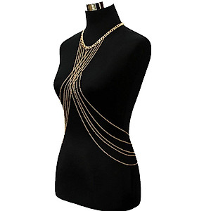 Bomine Harness Body Chain Bra Crossover Sexy Body Jewelry Bikini Chains Necklace for Women and Girls (Gold)