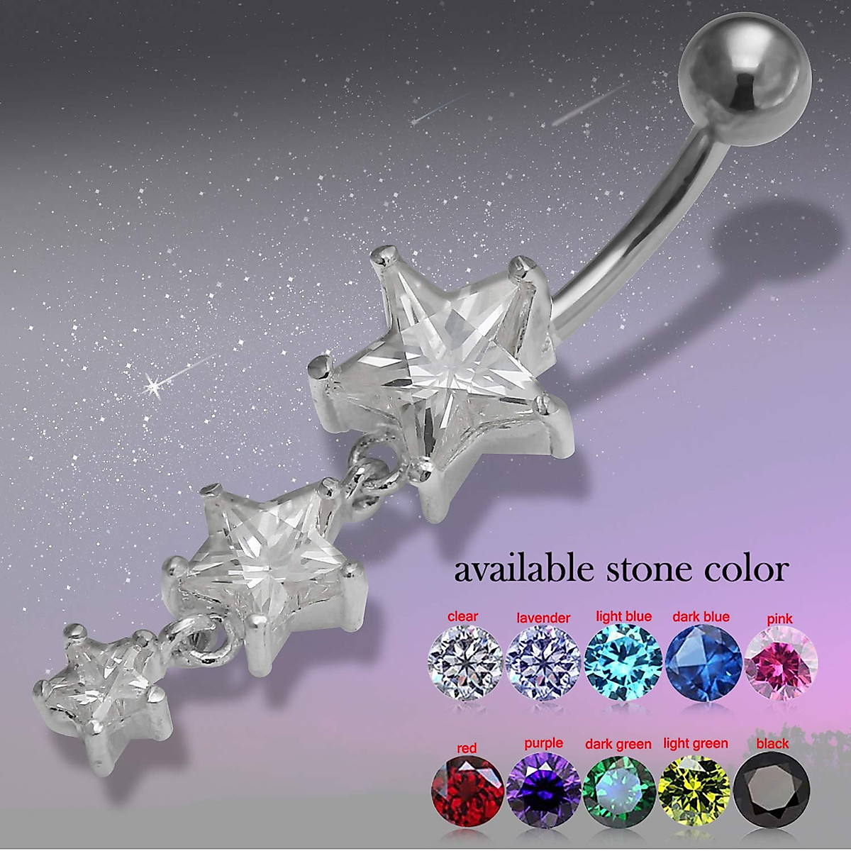 Purple CZ Crystal Stone Triple Star Dangling 925 Sterling Silver Belly Ring Body Jewelry