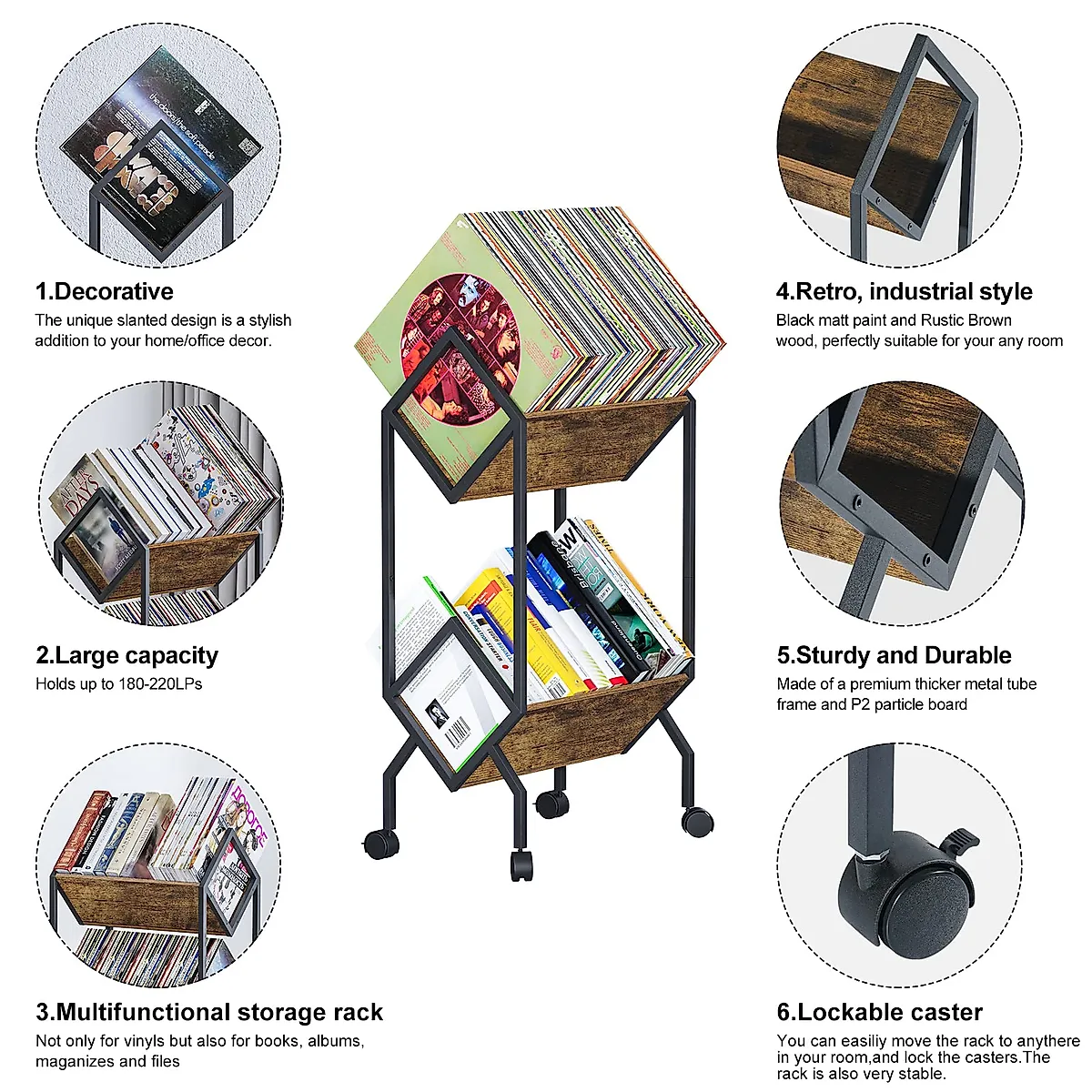 Giikin 2-Tier Vinyl Record Storage Holder, Holds up to 160-200 LPs, Mobile Metal and Wooden Vinyl Record Organizer Stand with Casters, Storage, Protects Vinyl - Organize Albums - Book, Magazine, Files