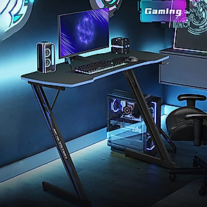 XXkseh 39 in Gaming Desk Gaming Computer Desk with Hook Z-Shaped PC Gaming Table Home Office Desks for Small Places, Carbon Fiber Surface, Simple Installation, Blue