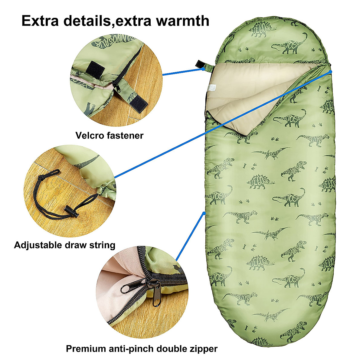 Kids Sleeping Bags for Boys – Military Green Dinosaur – Rioyalo YOLO 45 Camping Sleeping Bags for Kids with Carry Bag - Outdoor and Indoor (Military Dinosaur)