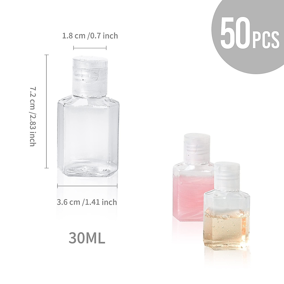 50 Pcs 1 oz Hand Sanitizer Bottles Empty Clear Travel Bottles Refillable Plastic Containers with Flip Cap for Outdoor, Camping and Trip