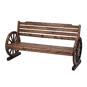 J-SUN-7 Outdoor Rustic Bench 2-Person Wood Wagon Wheel Bench with Backrest Wood Patio Bench for Backyard, Garden