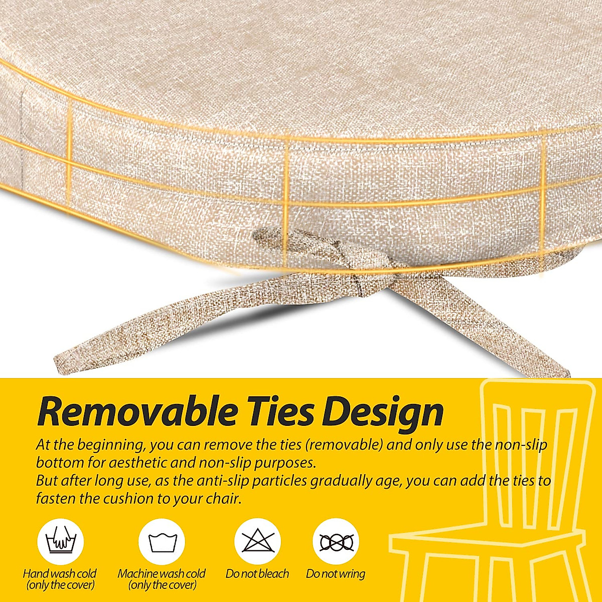 AAAAAcessories Square Chair Cushions for Dining Chairs with Ties and Removable Cover, 2" Thick Dining Kitchen Chair Pads, Indoor Dining Room Chair Cushions, 16" x 16", Set of 2, Beige