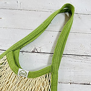 Green Handle US - Mesh Net Bag with Long Shoulder Handle Bag Stretchable Reusable for Grocery Shopping Beach Toys Storage (Green Handle)