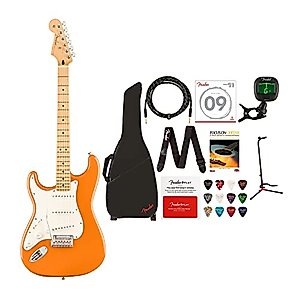 Fender Player Stratocaster 6-String Guitar (Capri Orange, Left Hand) Value Bundle with Gig Bag, Instrument Cable, Clip-on Tuner, Stand, Strings, Strap, Learning Book, Picks and Prepaid Card (10 Items)