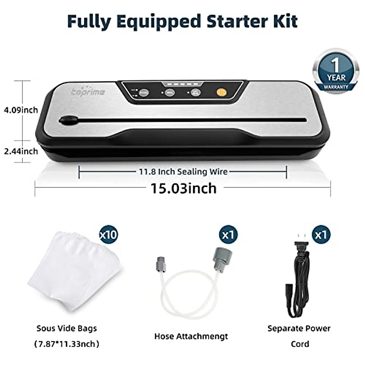 Toprime Vacuum Sealer Machine VS6612, 80Kpa Powerful Food Sealer Built-in Cutter with Sealing Bag and Hose, Vacuum Air Sealing System for Seal a Meal and Sous Vide