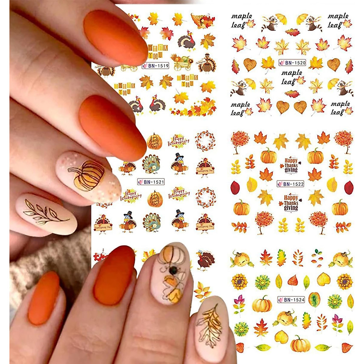 Fall Nail Art Stickers Thanksgiving Nail Decals Maple Leaf Turkey Water Transfer Nail Sticker Autumn Design Nail Art Supplies Acrylic Nail Accessories for Women Girls Thanksgiving Day Nail Decoration