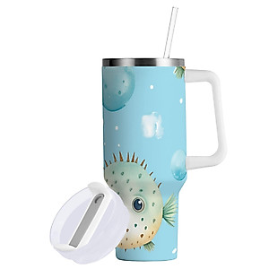 40 oz Cute Pufferfish Insulated Tumbler with Handle, Stainless Steel Vacuum Water Bottles with Lid and Straw for Water, Iced Tea or Coffee