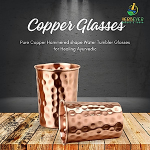 HERBEVER Pure Copper Hammered shape Water Tumbler Glasses for Healing Ayurvedic Set of 2
