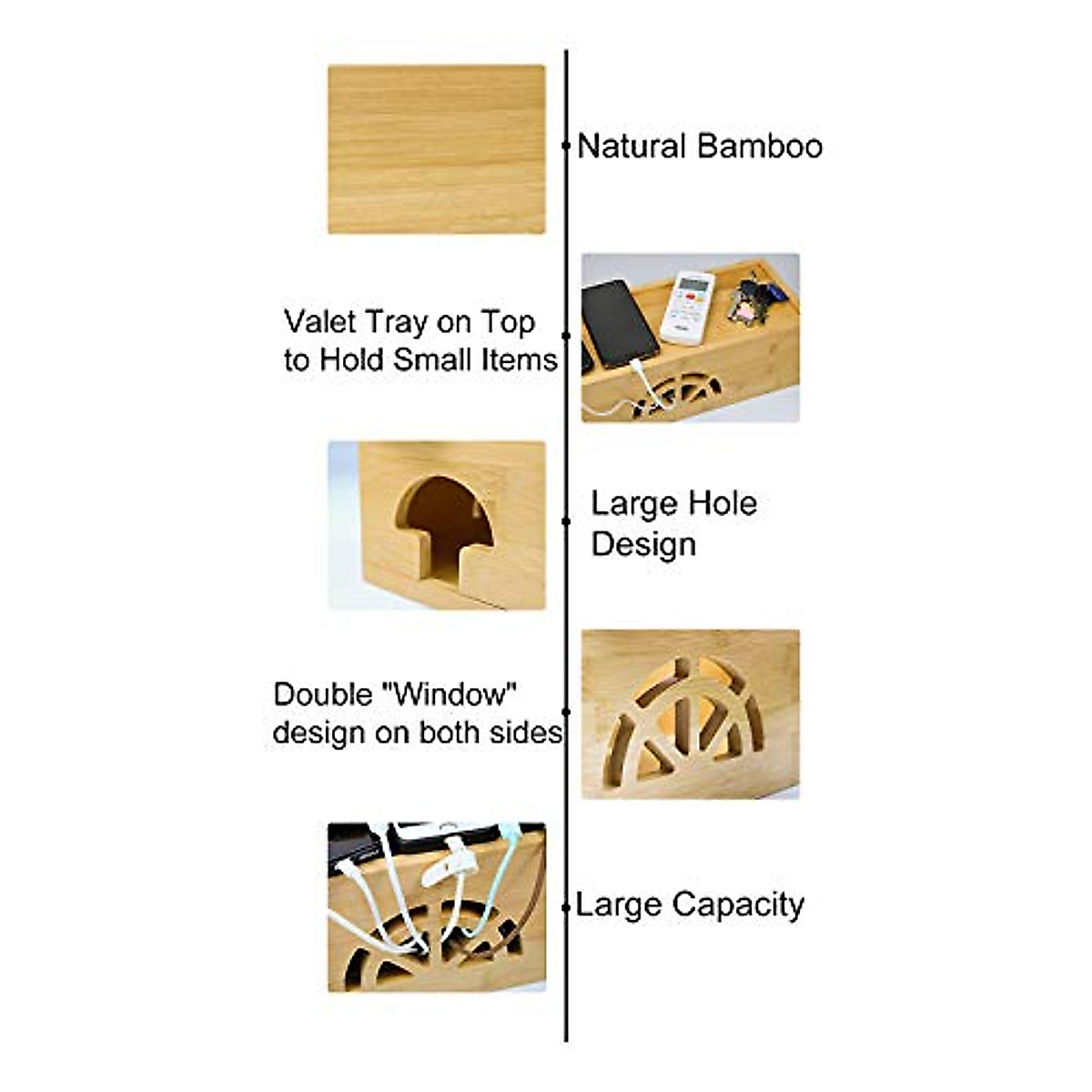 Extra Large Cable Management Box with Lid, Bamboo Cable Box for Cords, Power Strips or Surge Protectors, Hide Loose Wires Behind TVs, Home, Computers, Office Desks by HTB