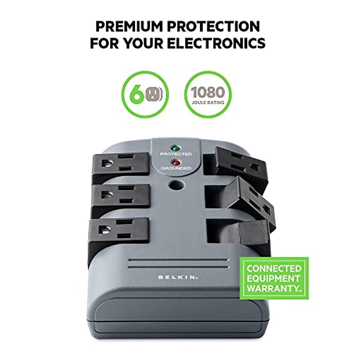 Belkin Power Strip Surge Protector - 6 Rotating AC Multiple Outlets, Flat Pivot Plug - Heavy Duty Wall Outlet Extender for Home, Office, Travel, Computer Desktop & Phone Charging Brick (1,080 Joules)